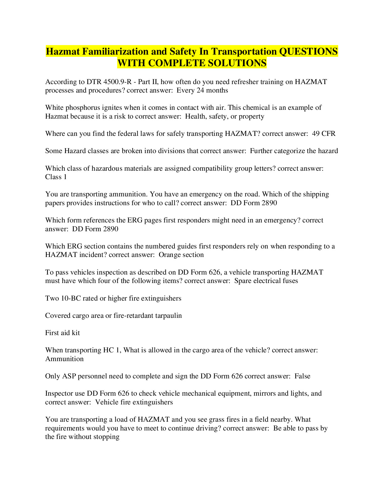 Hazmat Familiarization and Safety In Transportation QUESTIONS WITH ...