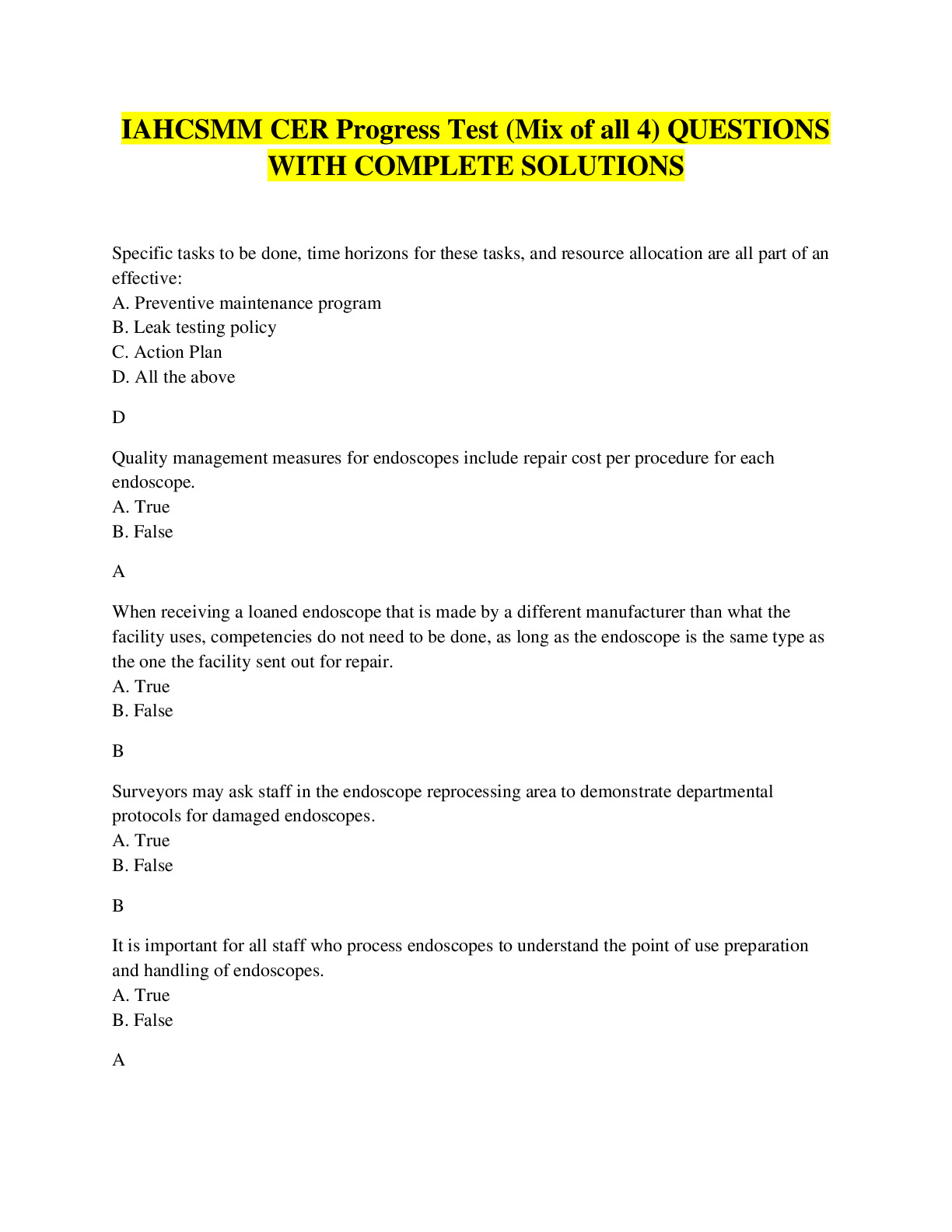 IAHCSMM CER Progress Test (Mix of all 4) QUESTIONS WITH COMPLETE ...