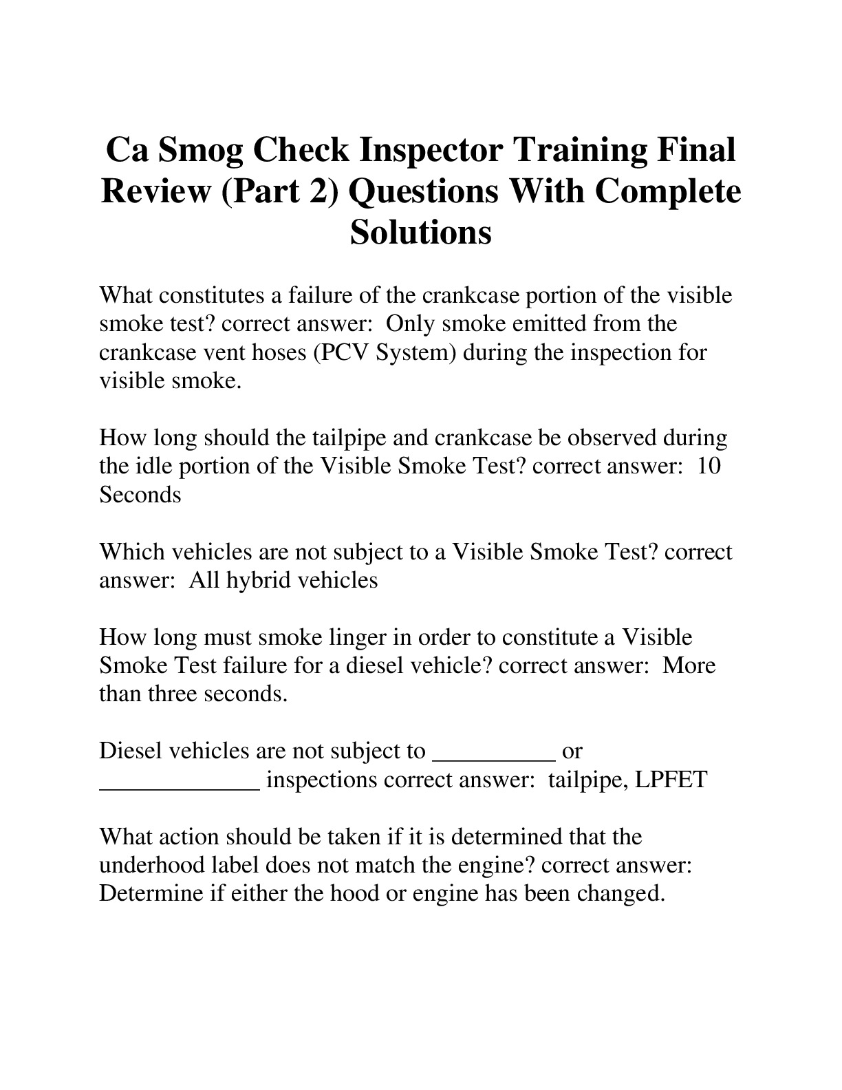 Ca Smog Check Inspector Training Final Review (Part 2) Questions With ...