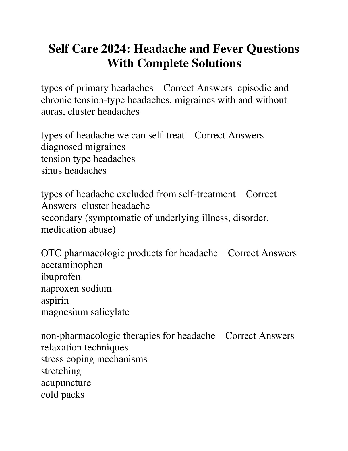 Self Care 2024: Headache and Fever Questions With Complete Solutions ...
