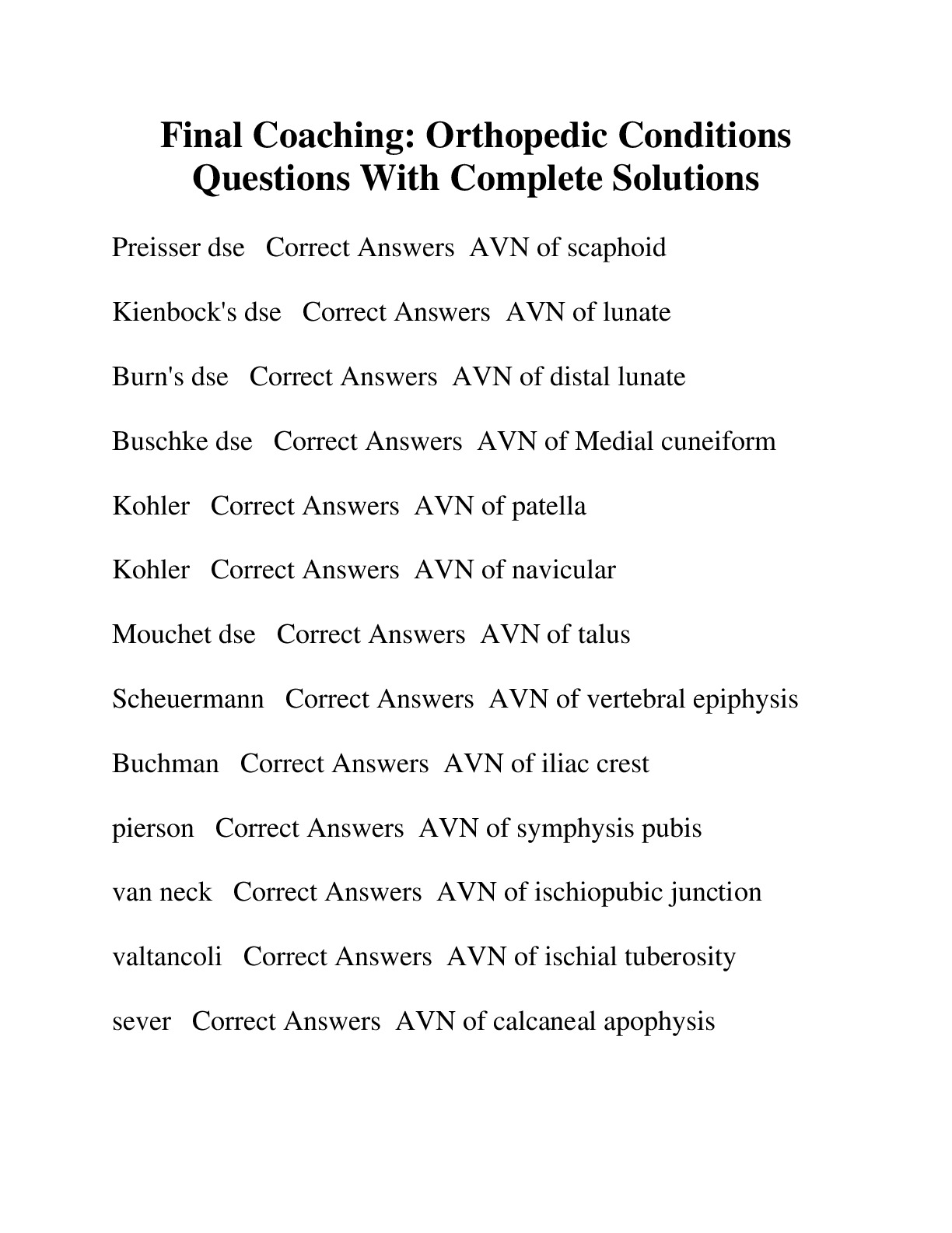 Final Coaching: Orthopedic Conditions Questions With Complete Solutions ...