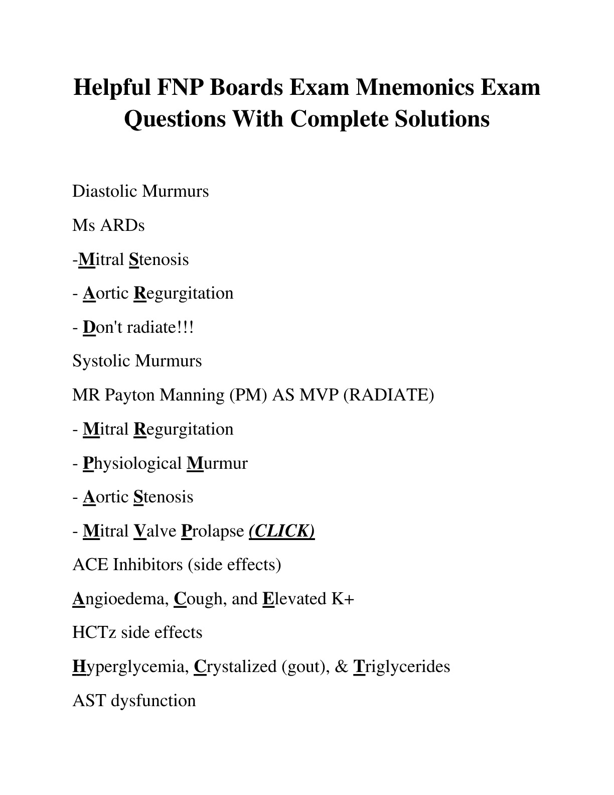 Helpful FNP Boards Exam Mnemonics Exam Questions With Complete ...