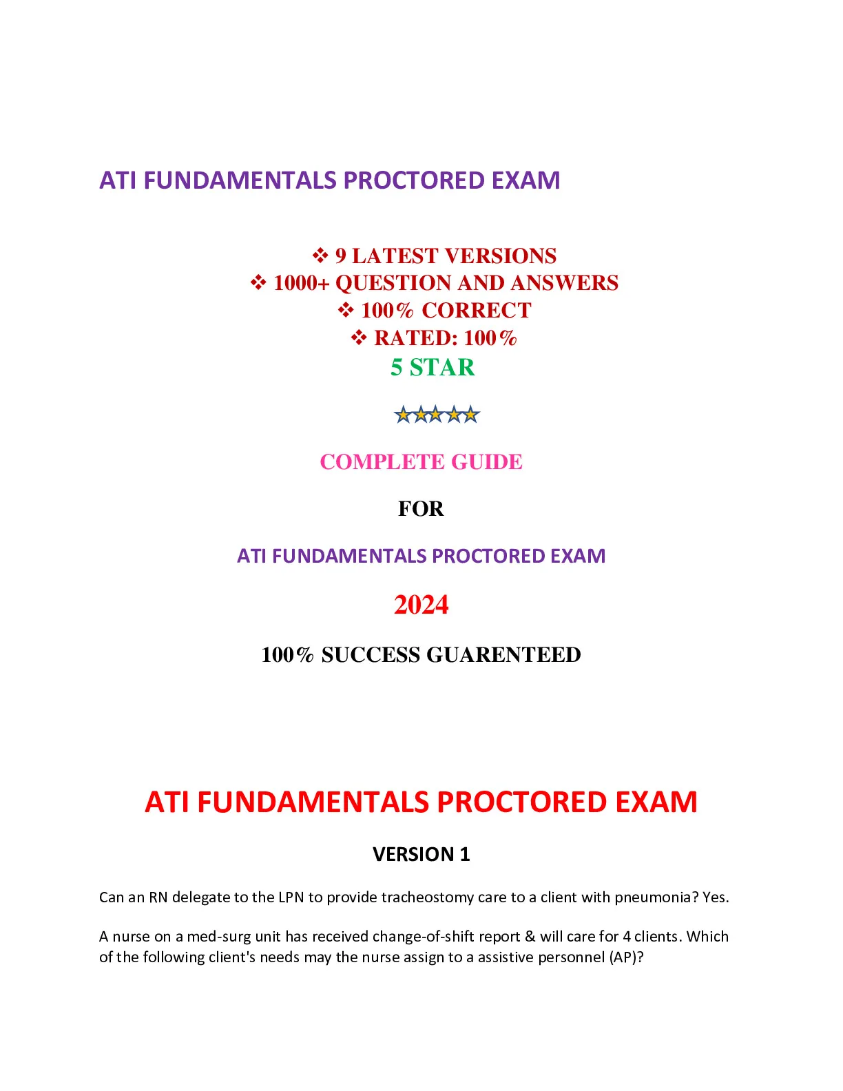 ATI Fundamentals Proctored Exam Questions and Answers 2024 With NGN ...