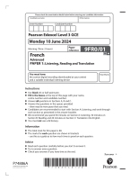 pearson edexcel a level French (9FR0/01) PAPER 1 June 2024 + mark ...
