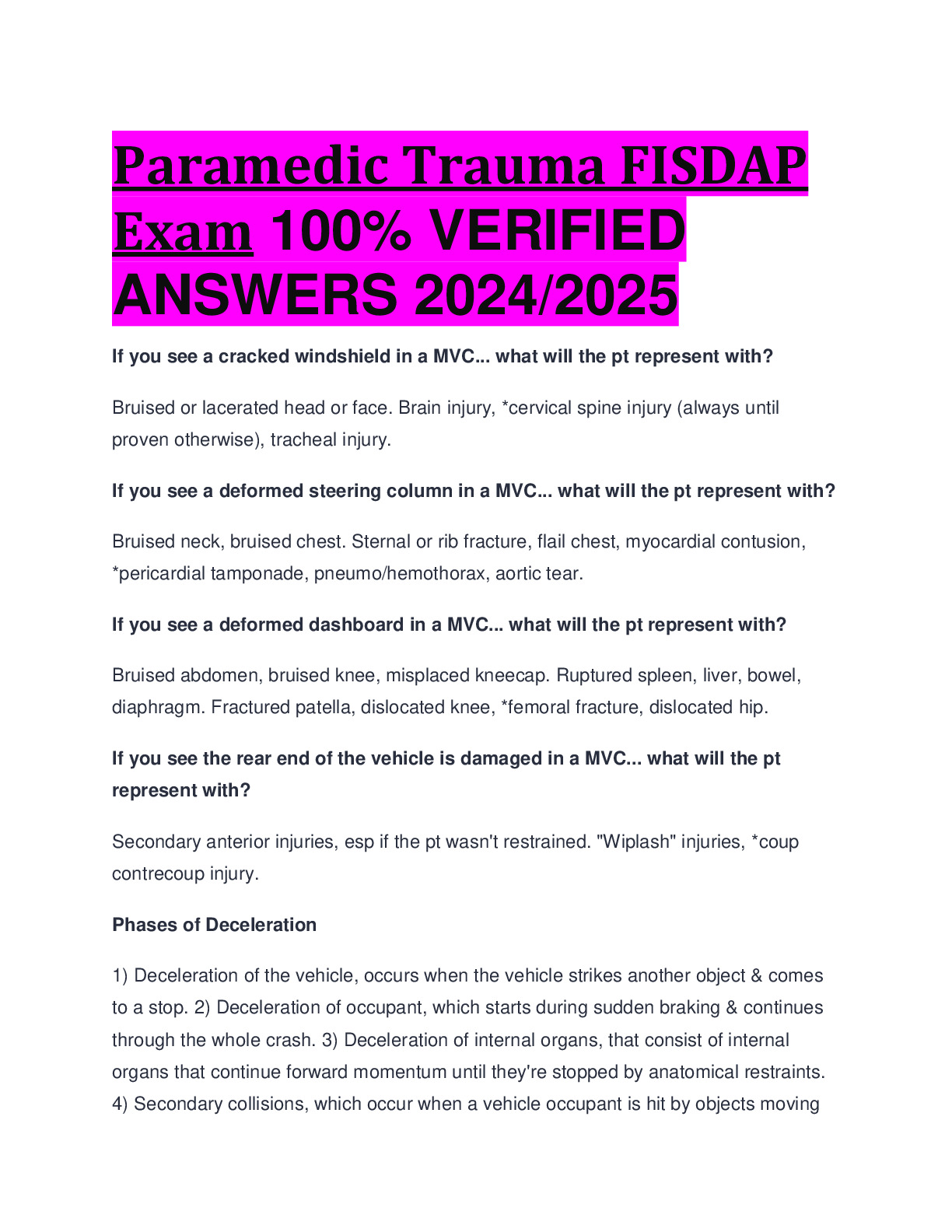 Paramedic Trauma FISDAP Exam WITH 100% VERIFIED ANSWERS 2024/2025 - DocMerit