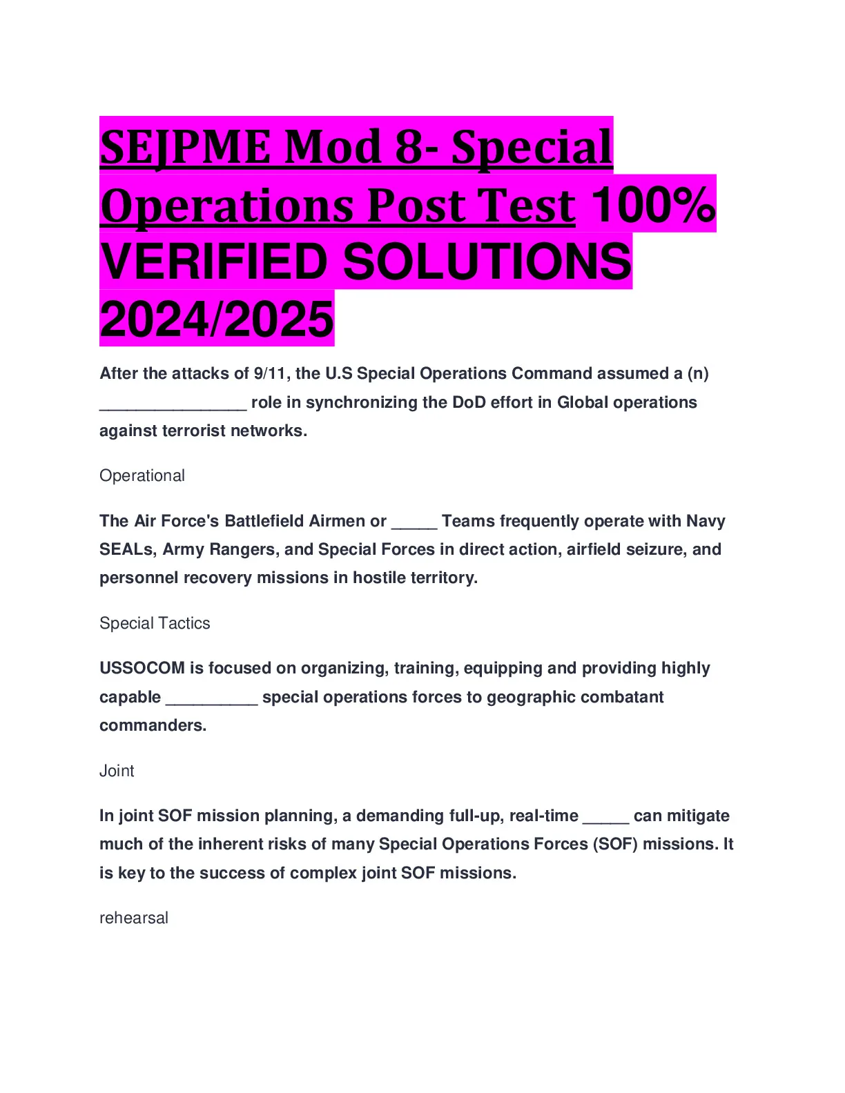 SEJPME Mod 8- Special Operations Post Test 100% VERIFIED SOLUTIONS 2024 ...