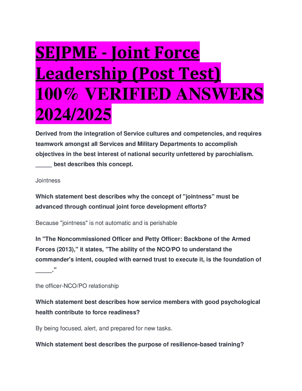 SEJPME - Joint Force Leadership (Post Test) ANSWERS 2024/2025 - DocMerit