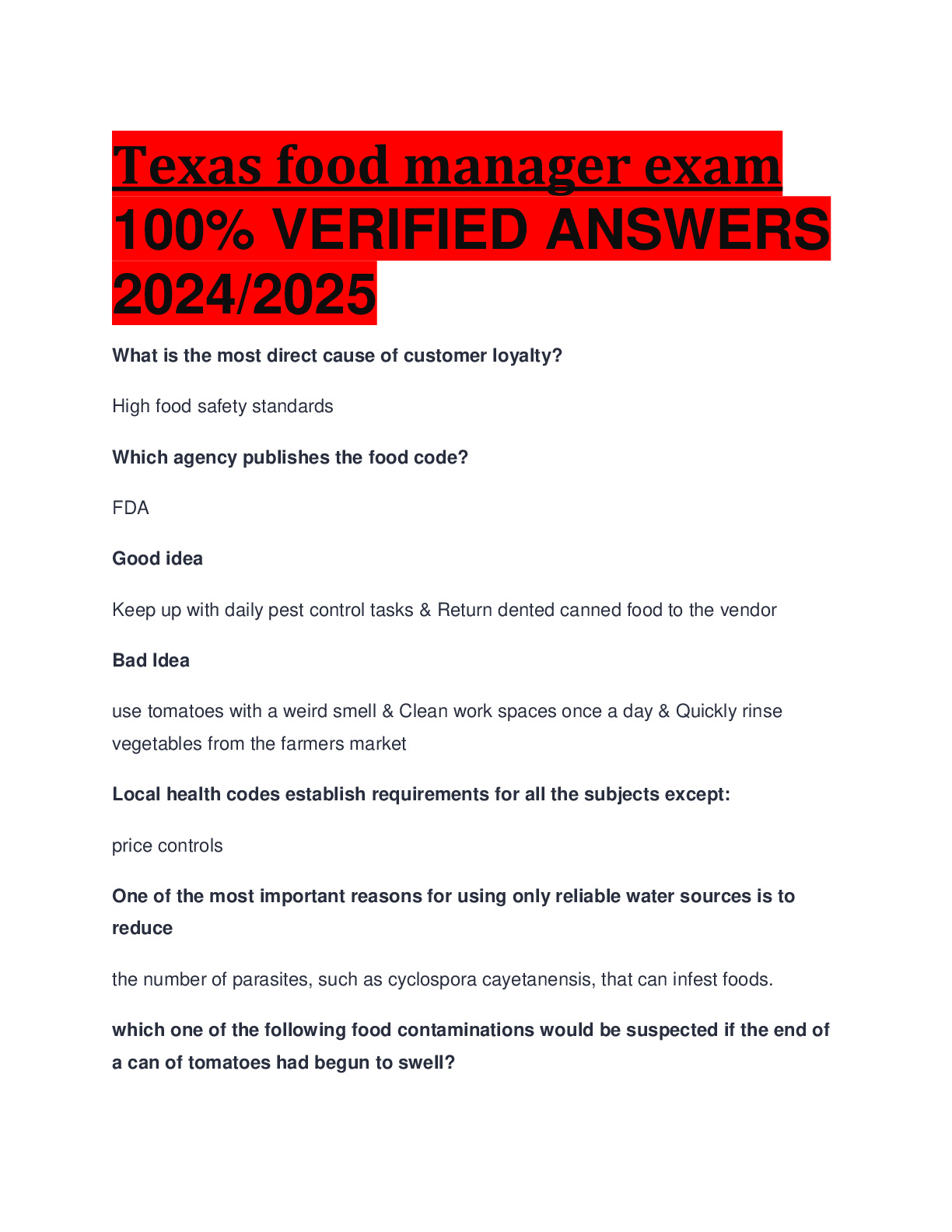 Exam Texas Food Handler 360Training Final Exam 100 VERIFIED ANSWERS