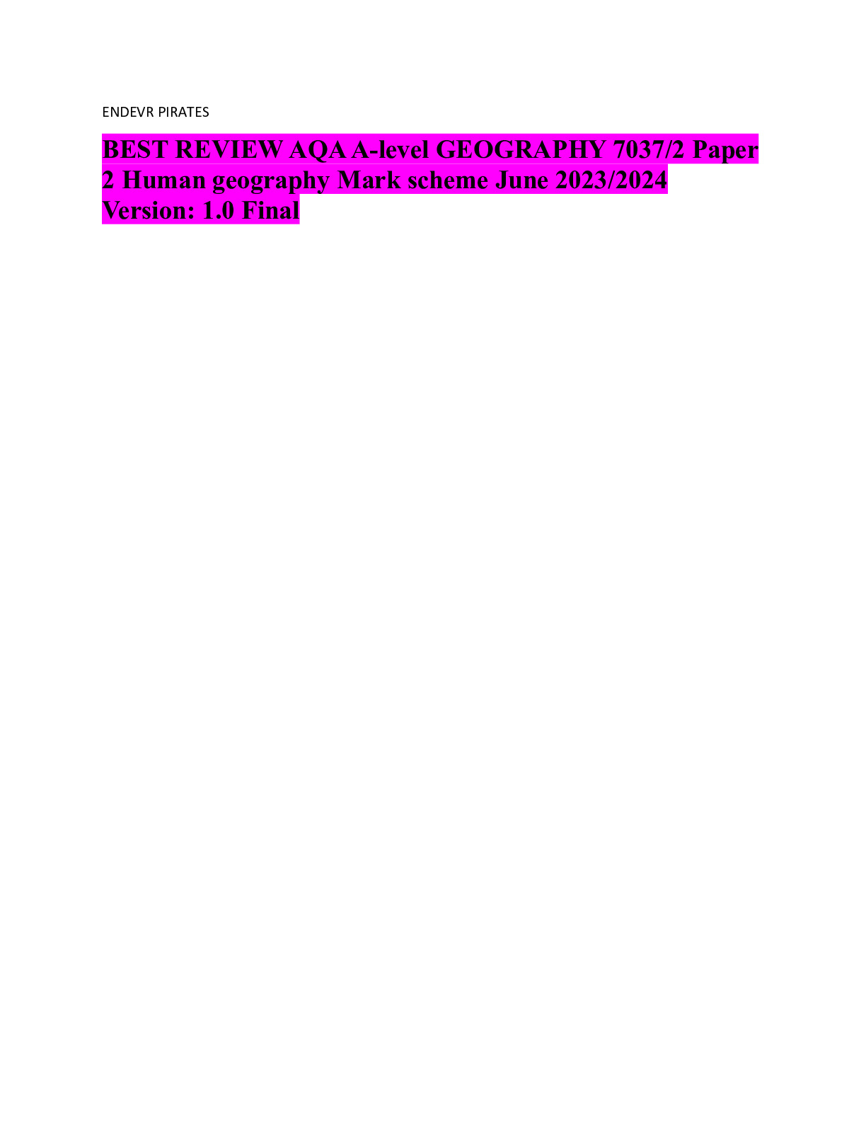 BEST REVIEW AQA A-level GEOGRAPHY 7037/2 Paper 2 Human geography Mark ... BEST REVIEW AQA A-level GEOGRAPHY 7037/2 Paper 2 Human geography Mark ...
