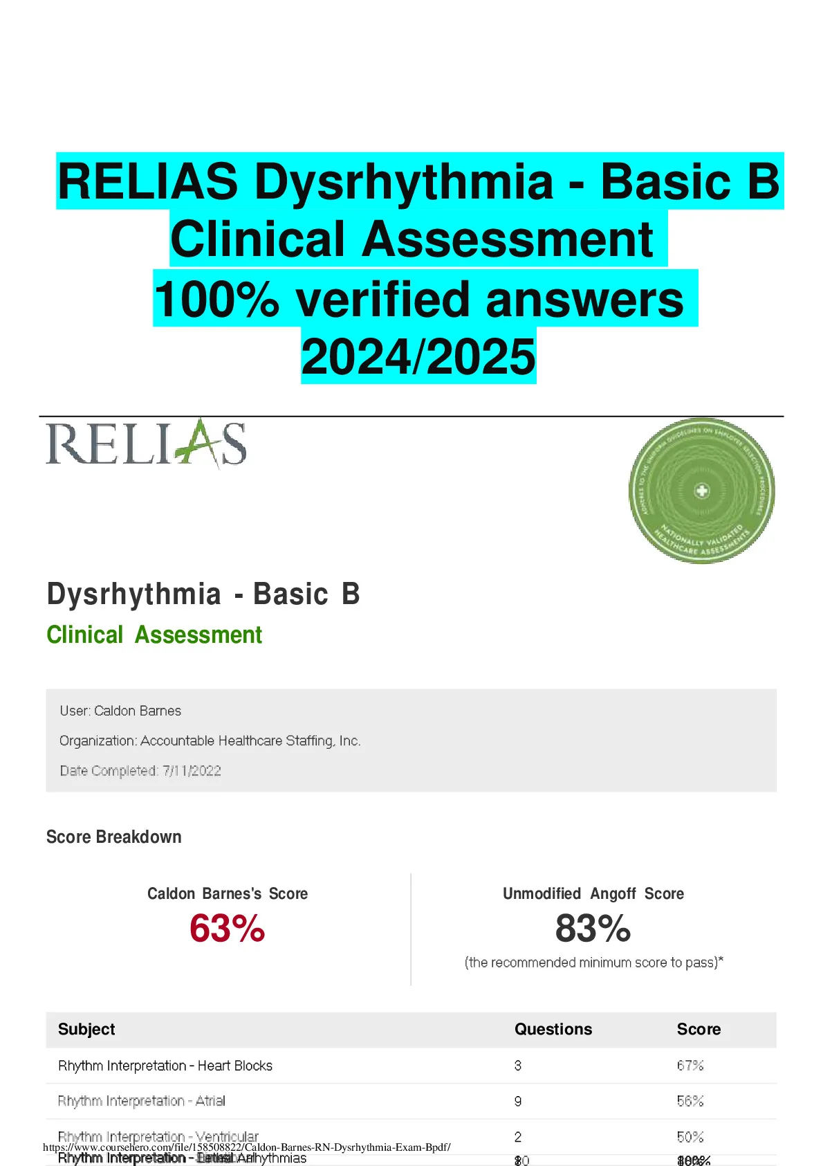 RELIAS Dysrhythmia - Basic B Clinical Assessment 100% verified answers ...
