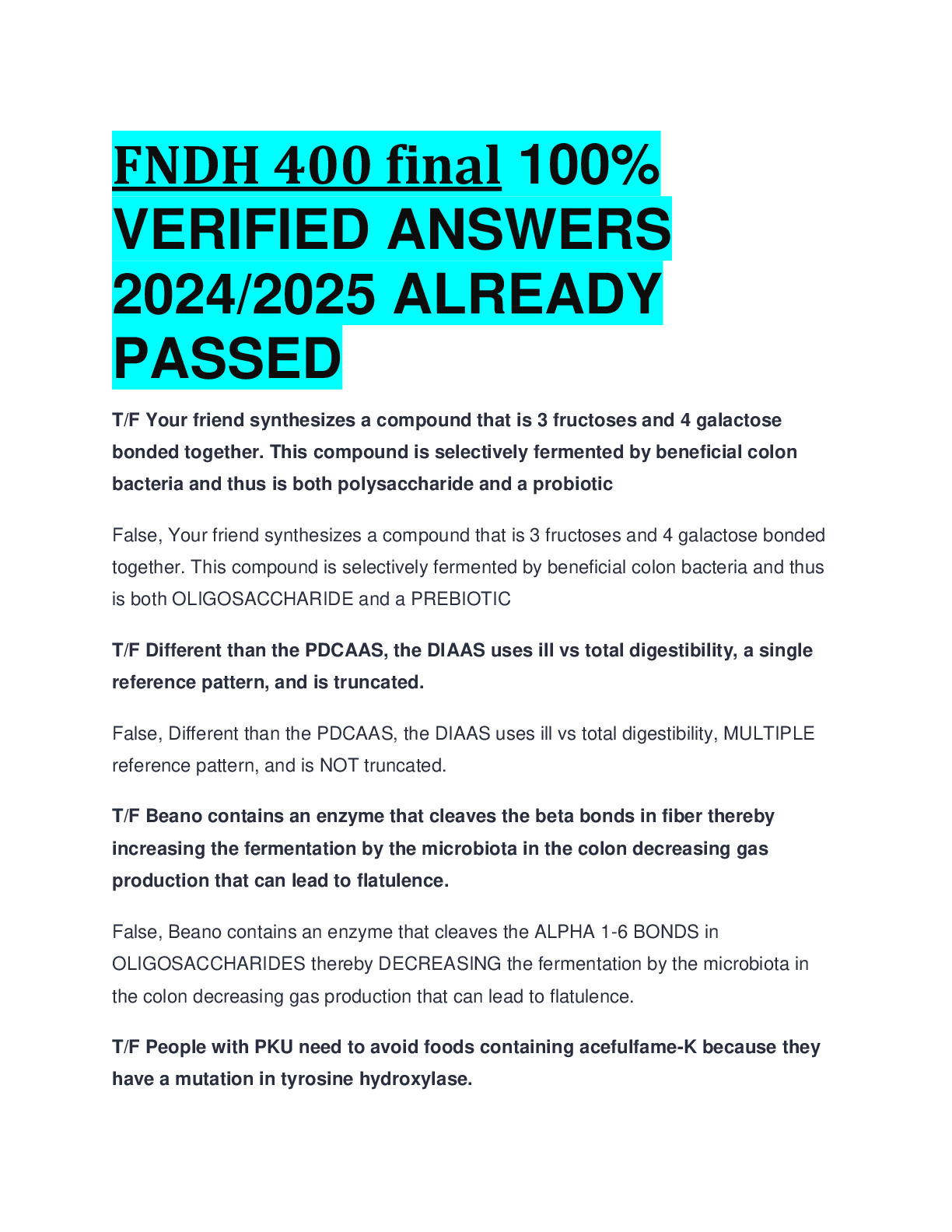 FNDH 400 final 100% VERIFIED ANSWERS 2024/2025 ALREADY PASSED - DocMerit