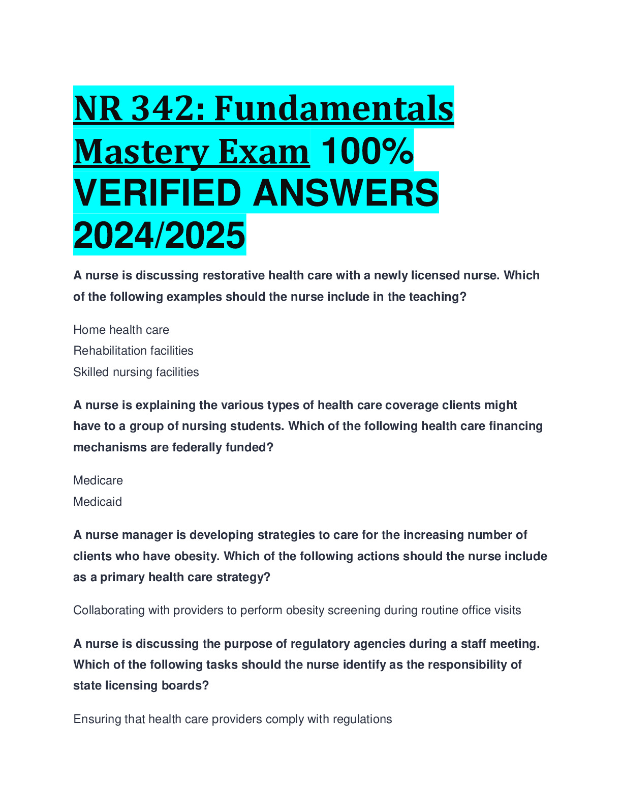 NR 342: Fundamentals Mastery Exam 100% VERIFIED ANSWERS 2024/2025 ...