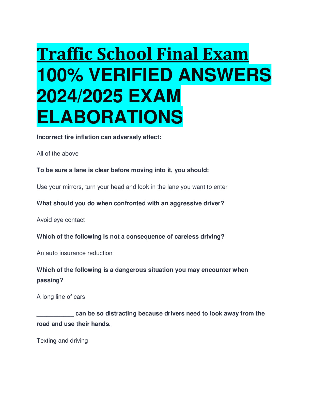 Traffic School Final Exam 100% VERIFIED ANSWERS 2024/2025 EXAM ...