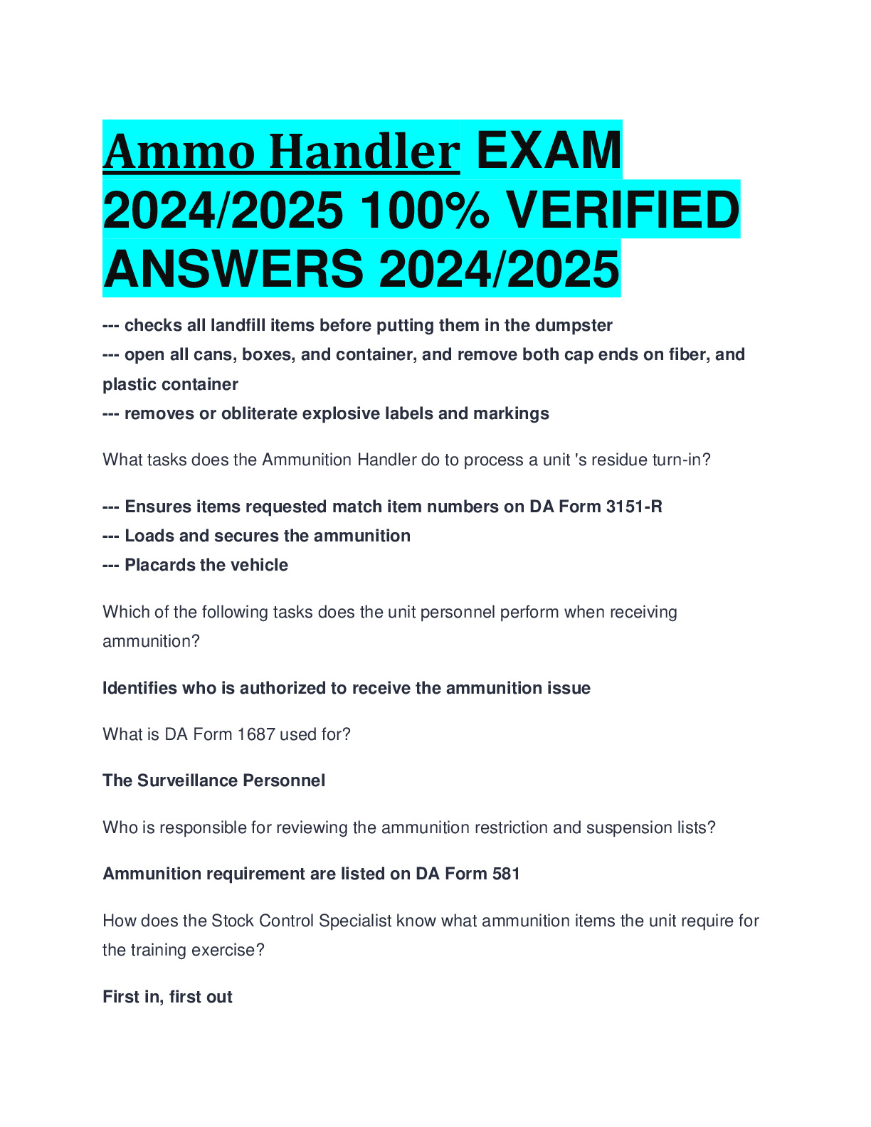 Ammo Handler EXAM 2024/2025 100% VERIFIED ANSWERS 2024/2025 - DocMerit