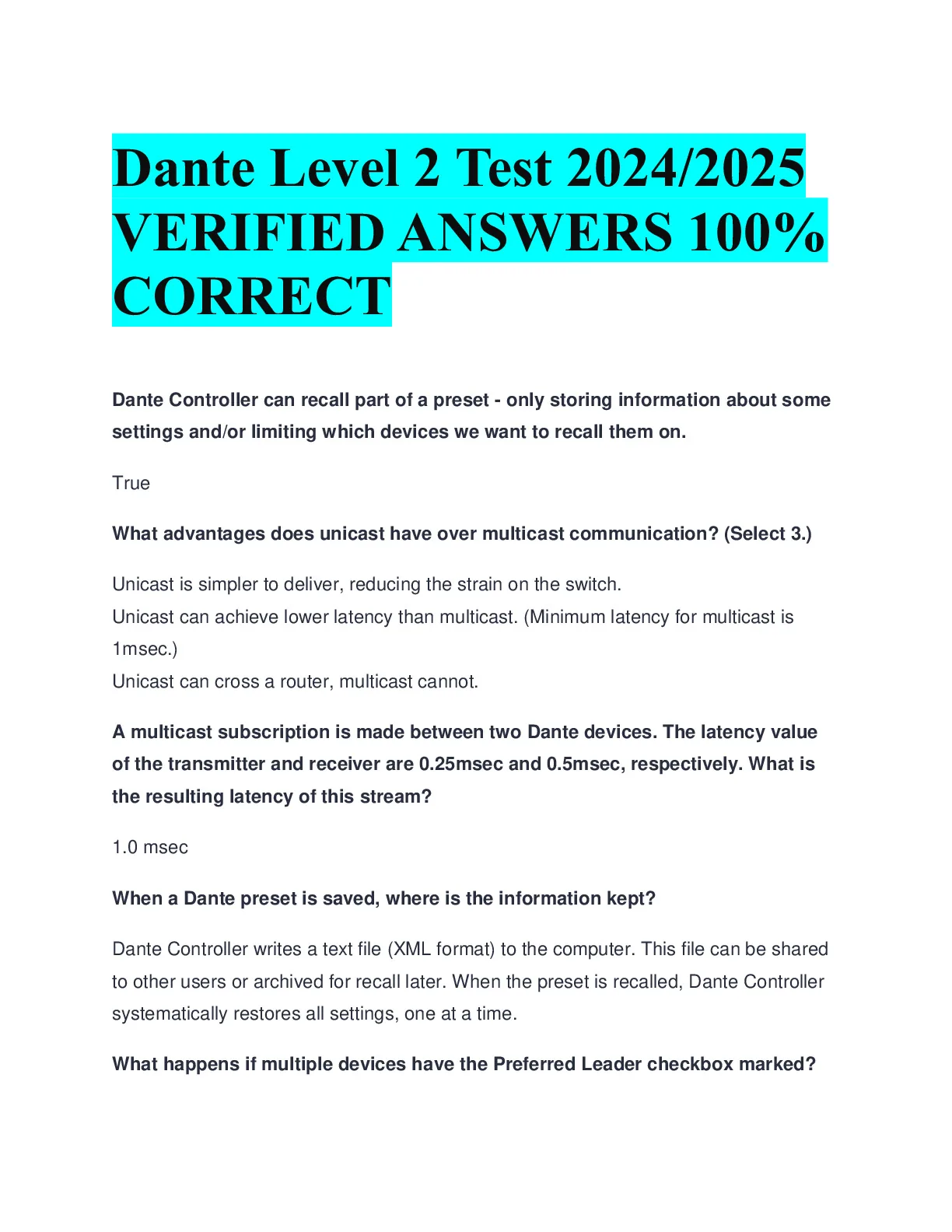 Dante Level 2 Test 2024/2025 VERIFIED ANSWERS 100% CORRECT - DocMerit