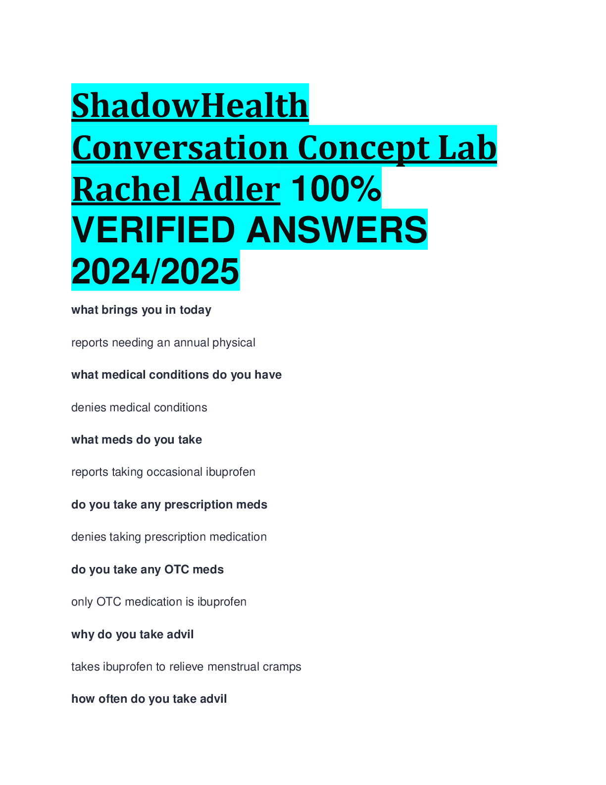 Shadow Health Conversation Concept Lab Rachel Adler 100% VERIFIED ...