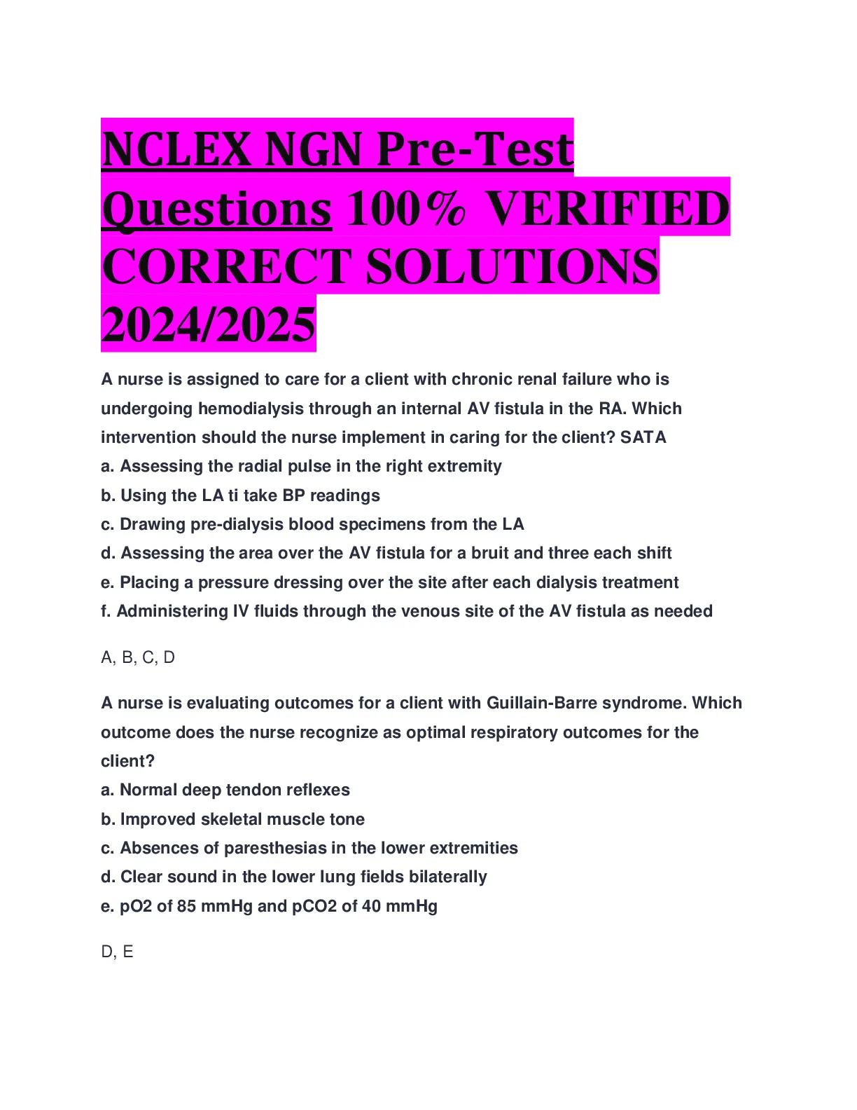 NCLEX NGN Pre-Test Questions 100% VERIFIED CORRECT SOLUTIONS 2024/2025 ...