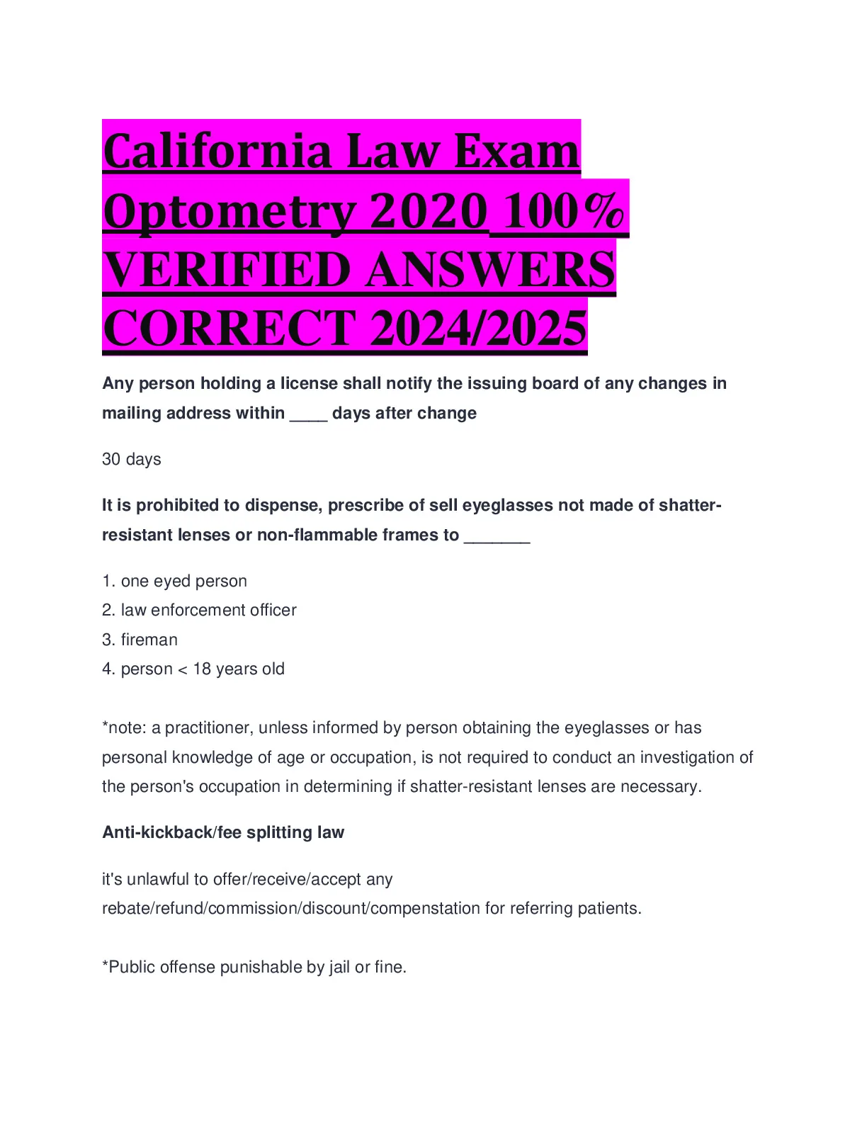 BEST REVIEW California Law Exam Optometry 2020 100% VERIFIED ANSWERS ...