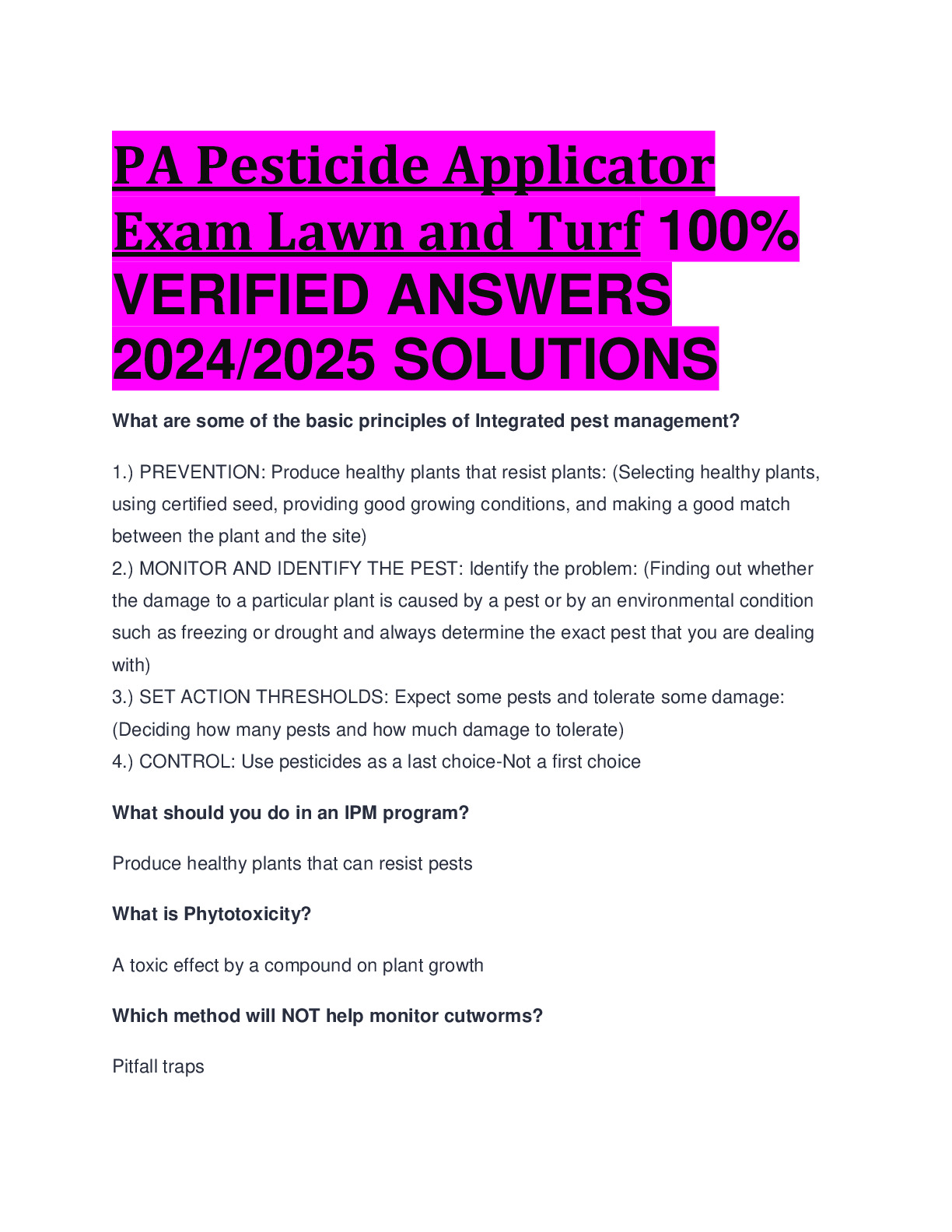 PA Pesticide Applicator Exam Lawn and Turf 100% VERIFIED ANSWERS 2024/ ...
