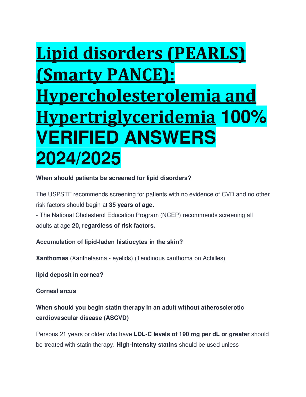 Lipid disorders (PEARLS) (Smarty PANCE): Hypercholesterolemia and ...