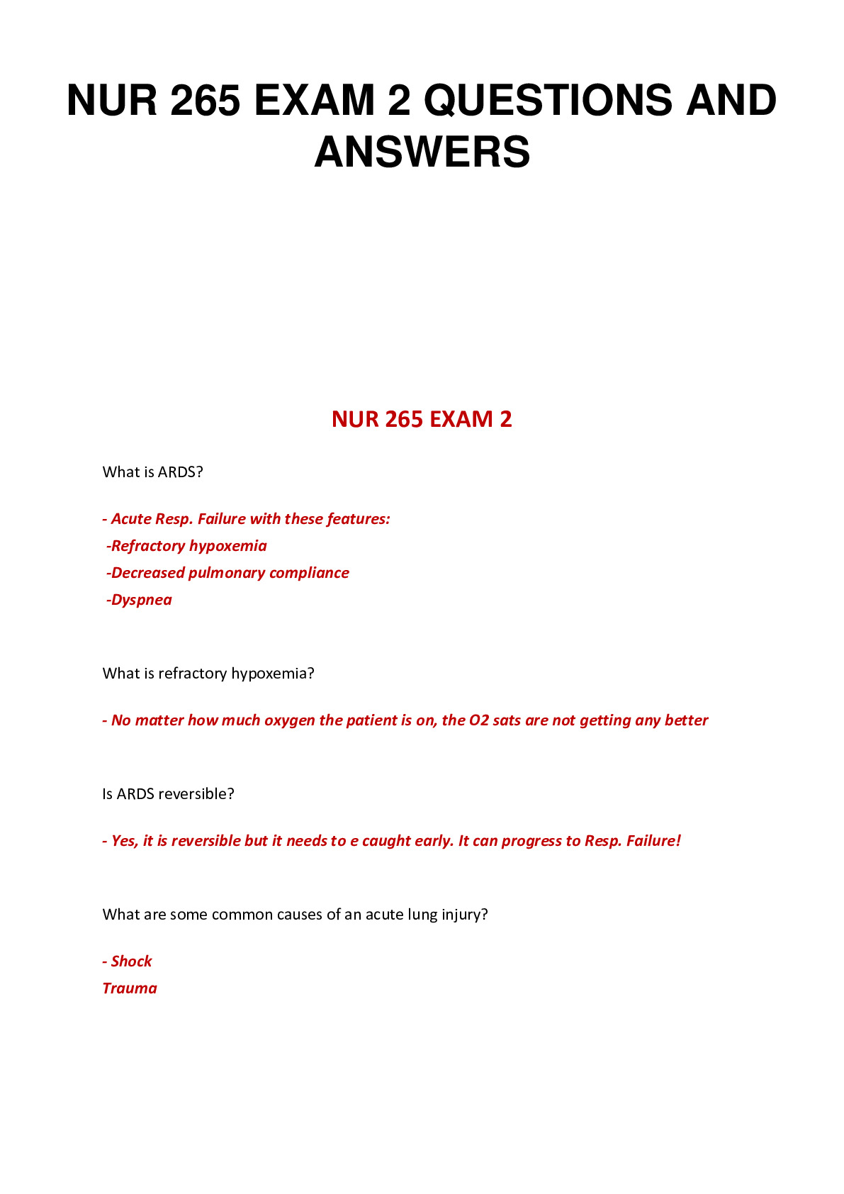 NUR 265 EXAM 2 QUESTIONS AND ANSWERS 2023 2024 Graded A - DocMerit