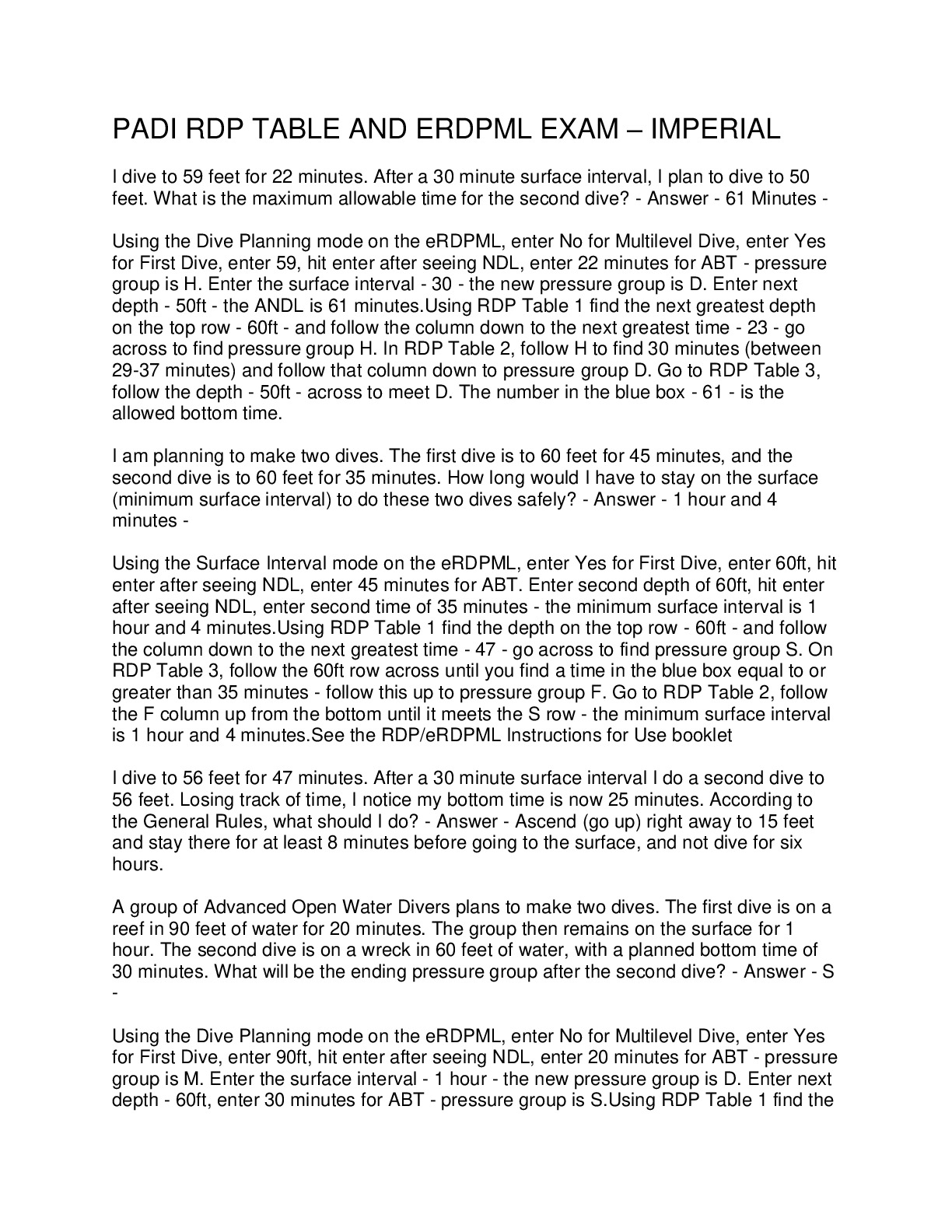 PADI RDP TABLE AND ERDPML EXAM – IMPERIAL - DocMerit