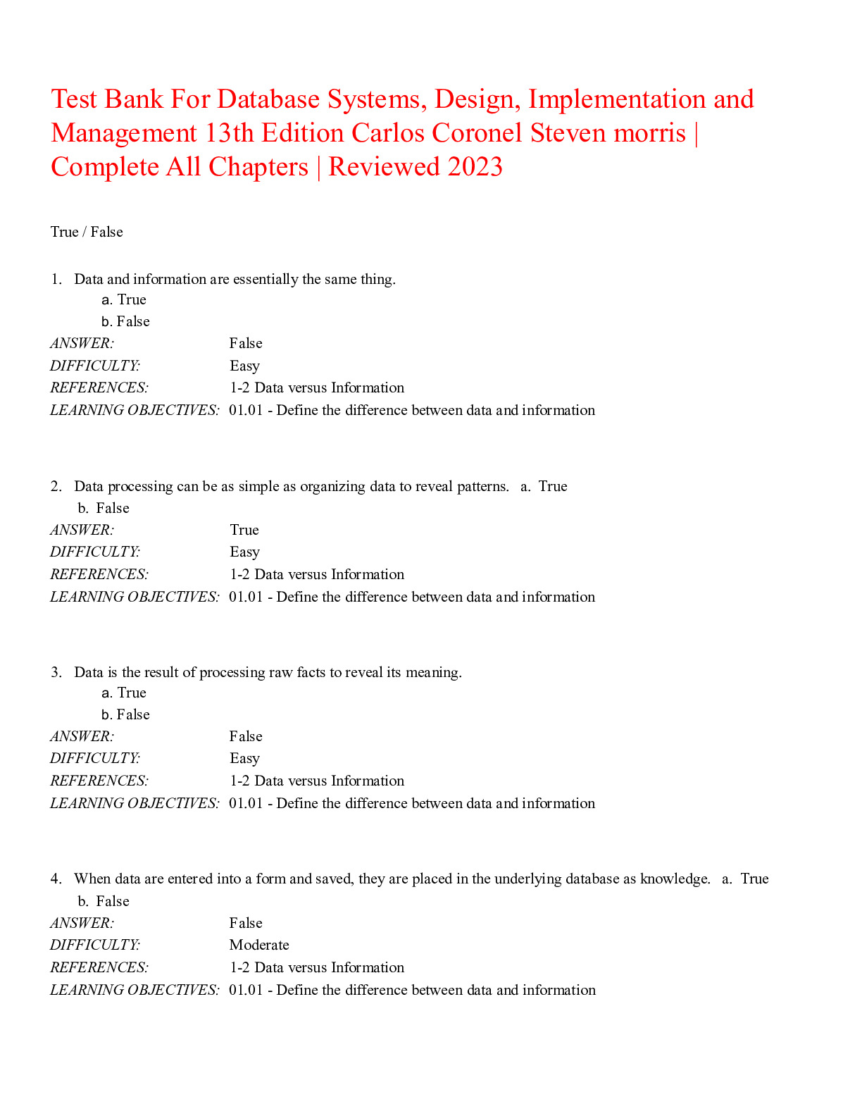 Test Bank For Database Systems Design Implementation And Management 13th Edition Carlos