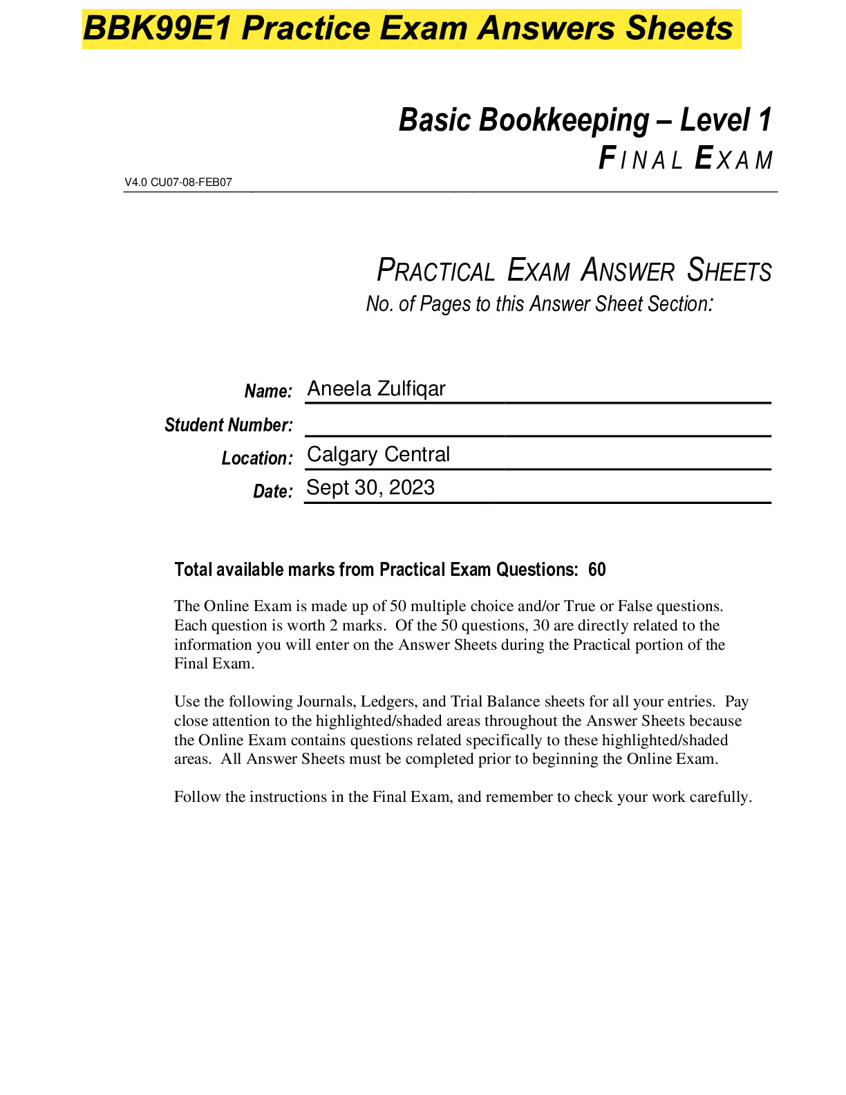 BBK99E1 Practical Exam Answer Sheets 2024 Update - DocMerit