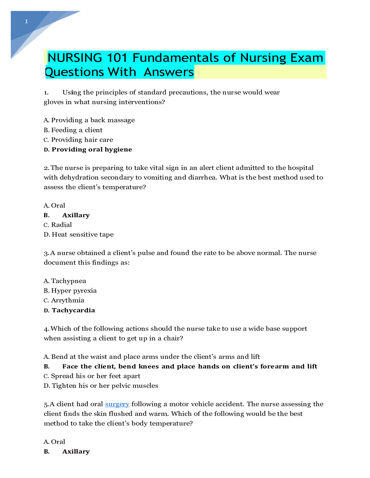 NURSING 101 Fundamentals of Nursing Exam Questions With Answers 2024 ...