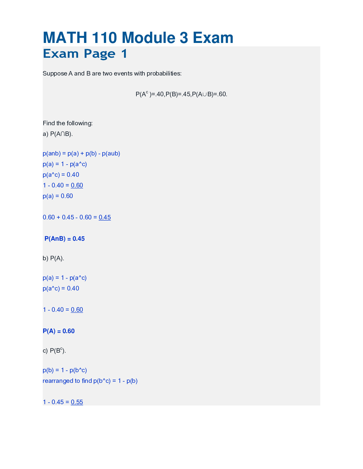 MATH 110 Module 1, 2, 3, 4, 5, 6, 7, 8, 9, 10 Exam (New)(2024 ...