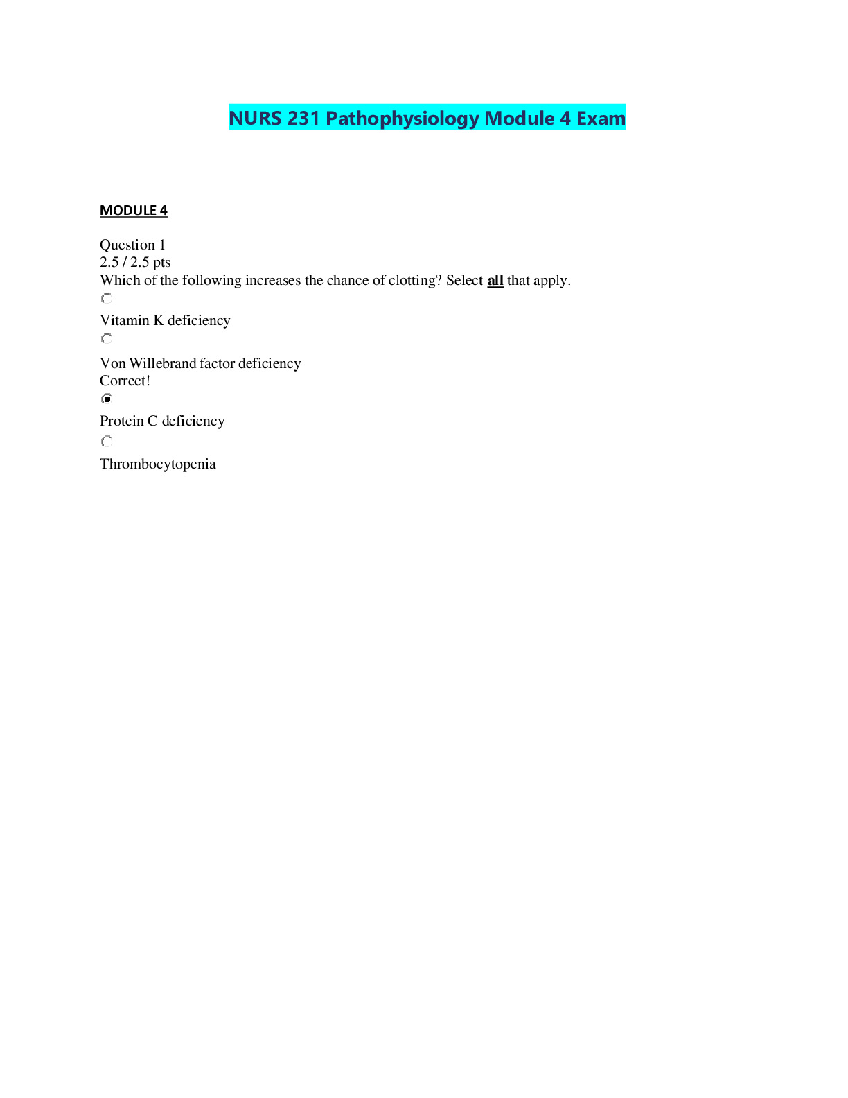 NURS 231 Module 1, 2, 3, 4, 5, 6, 7, 8, 9, 10 Exam (New)(2024 ...