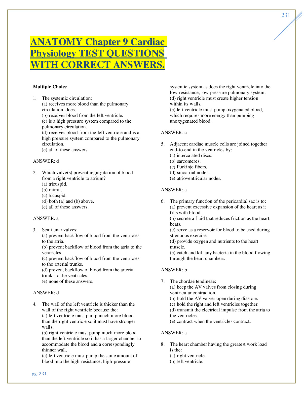 ANATOMY Chapter 9 Cardiac Physiology TEST QUESTIONS WITH CORRECT ...