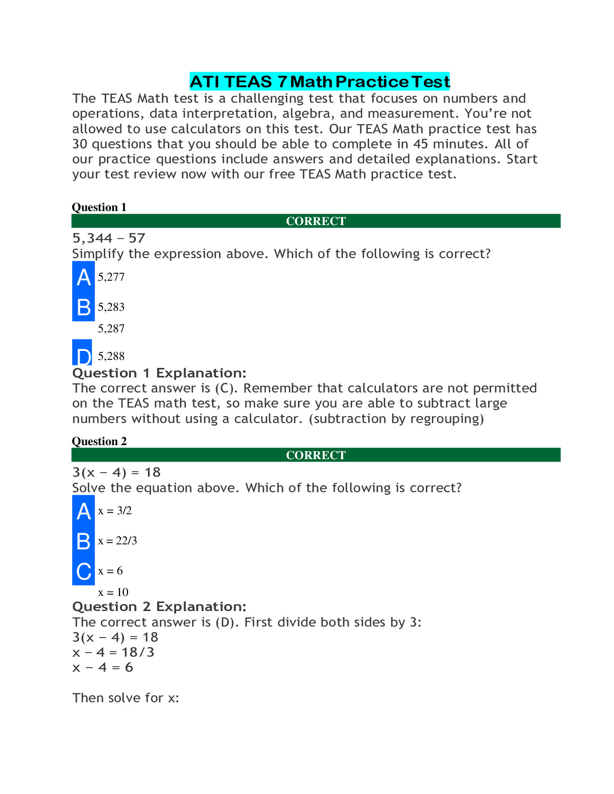 ATI TEAS 7 Math Exam QUESTIONS and ANSWERS(31 Q/A)(Updated, 2024 ...