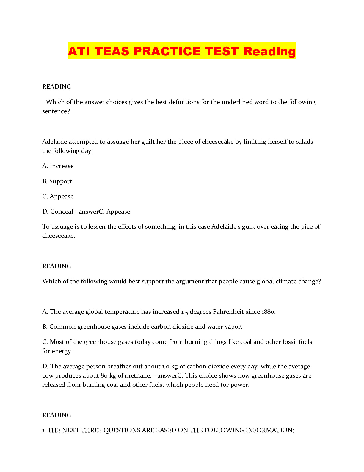 ATI TEAS 7 READING PRACTICE QUESTIONS AND ANSWERS(200 Q/A)(UPDATED ...