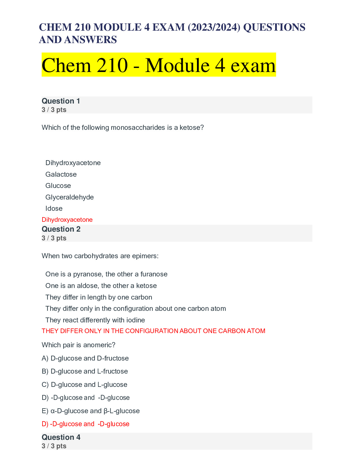 CHEM 210 MODULE 4 EXAM (2023/2024) QUESTIONS AND ANSWERS - DocMerit