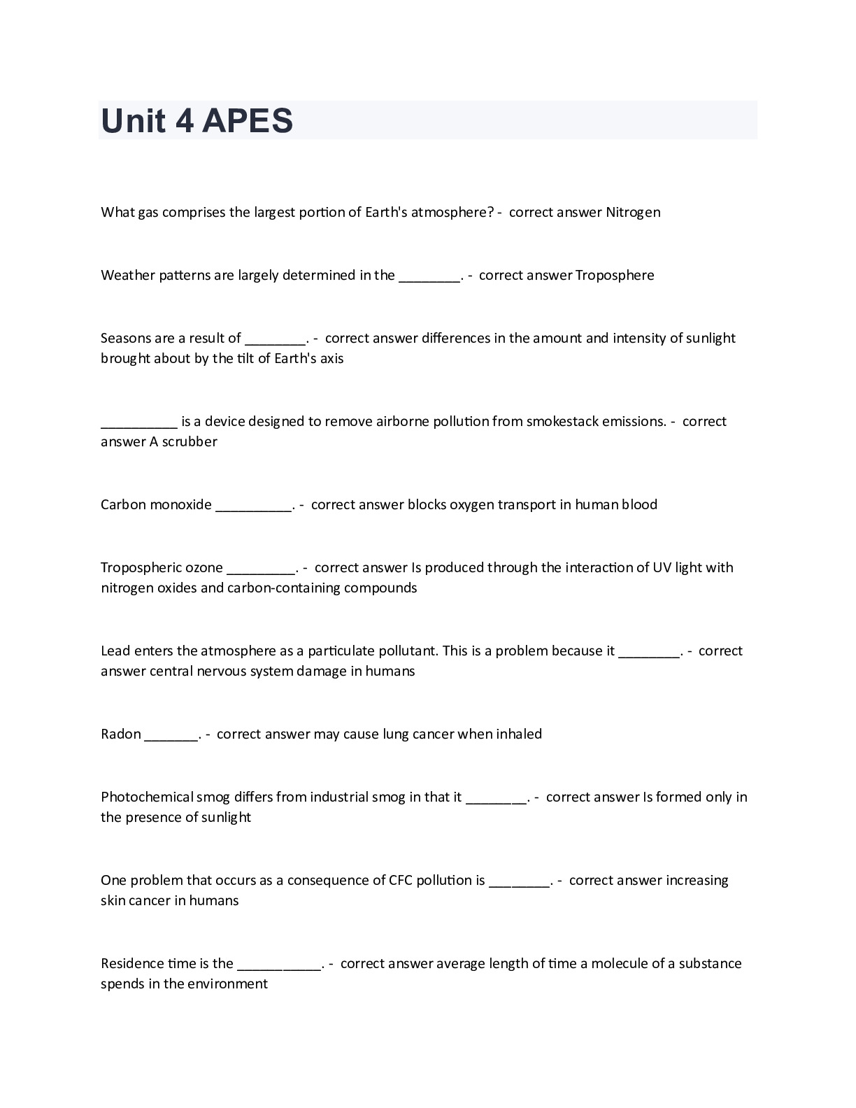 Unit 4 APES questions with 100% correct answers graded A+ 2024/2025 ...