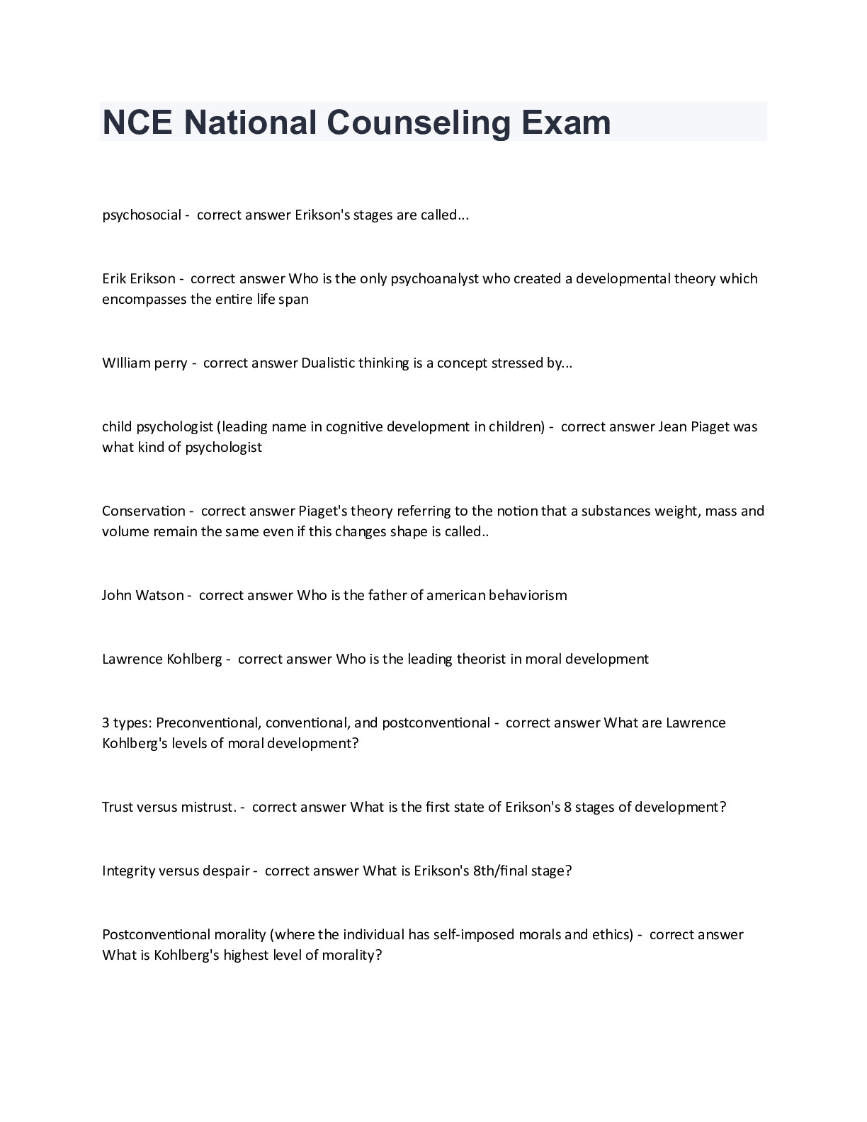 NCE National Counseling Exam fully solved 2024/2025 - DocMerit