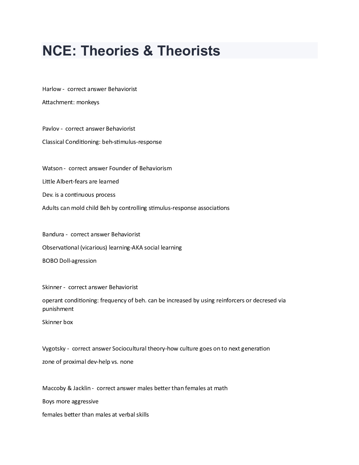 NCE: Theories & Theorists with 100% correct answers 2024/2025 - DocMerit