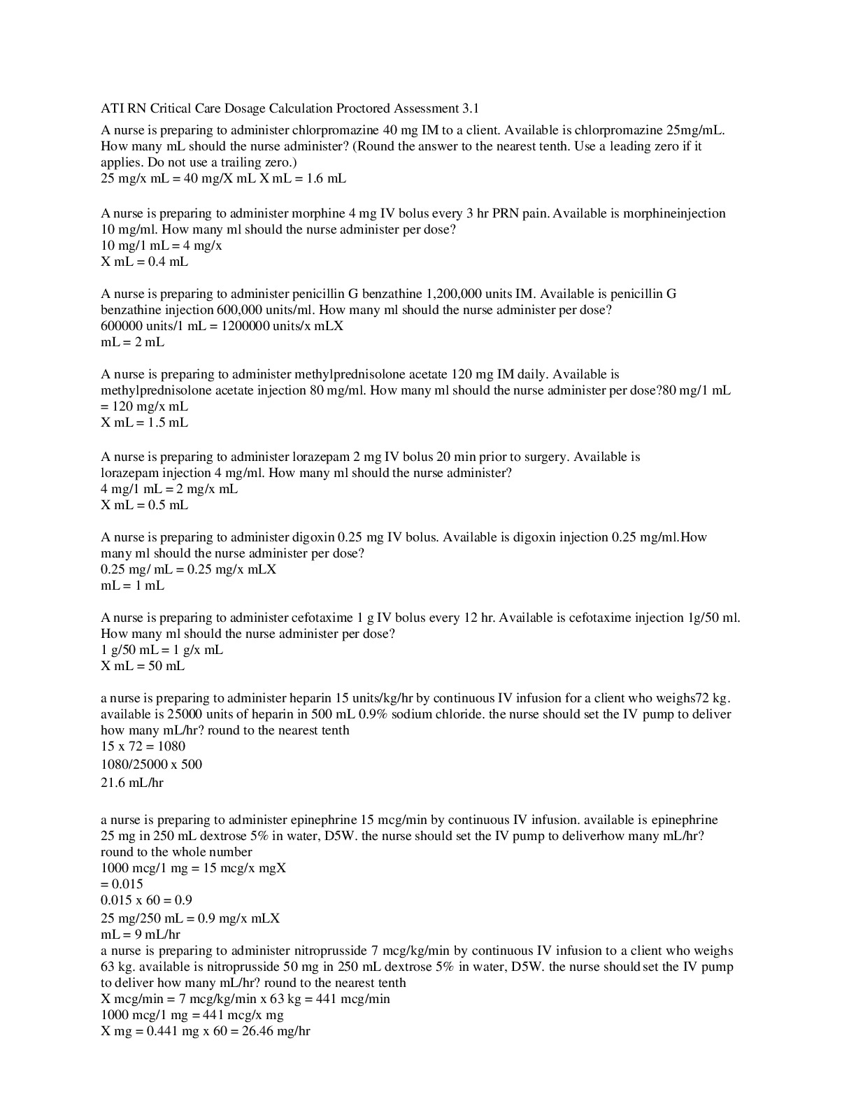 ATI RN Critical Care Dosage Calculation Proctored Assessment 3.1 - DocMerit