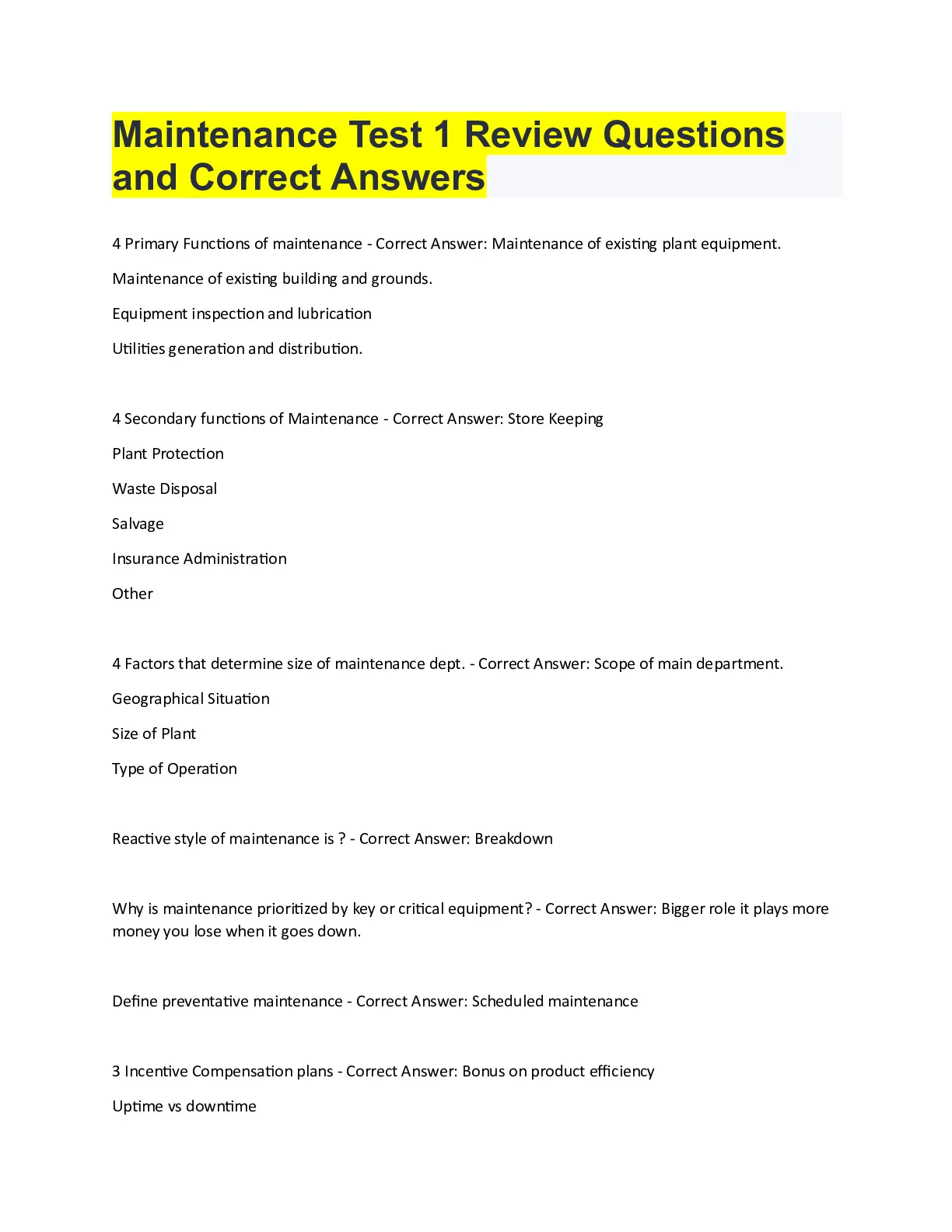 Maintenance Test 1 Review Questions and Correct Answers - DocMerit