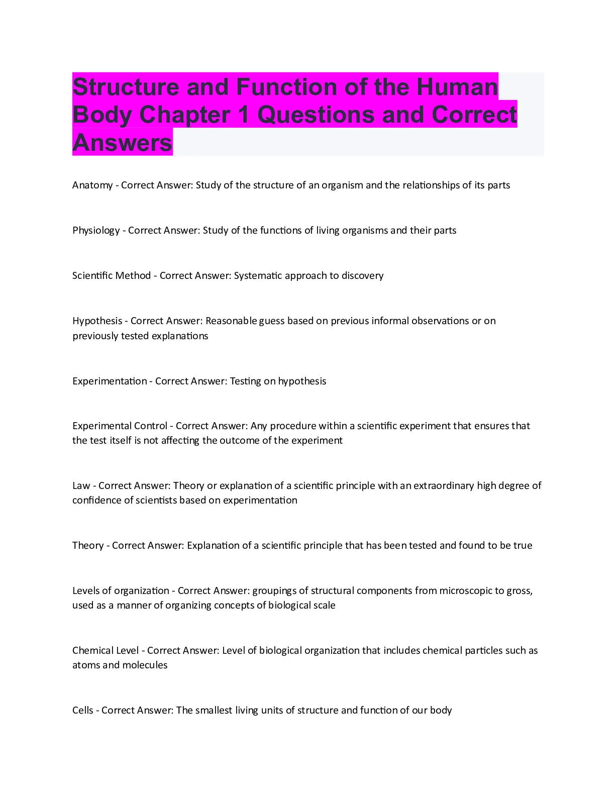 Structure and Function of the Human Body Chapter 1 Questions and ...