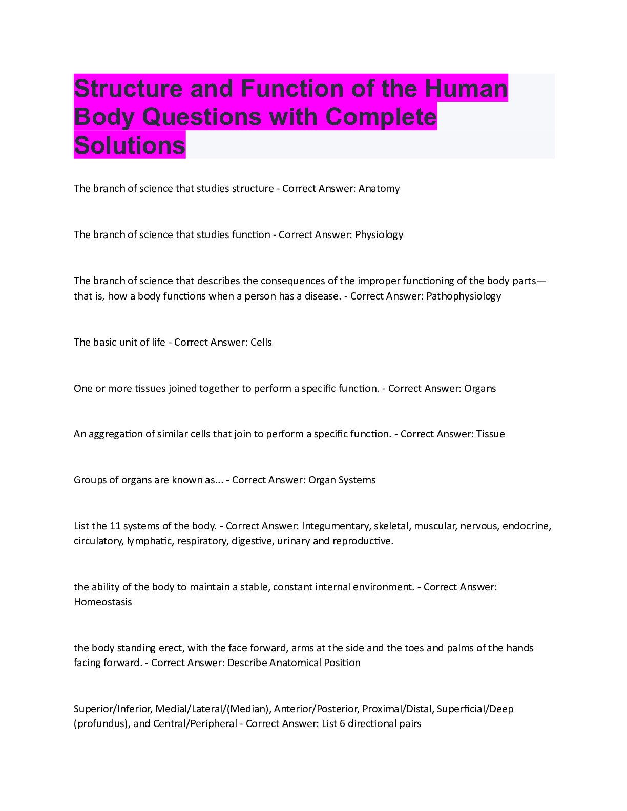 STRUCTURE AND FUNCTION OF THE BODY CHAPTER 5 QUESTIONS AND CORRECT ANSWERS Bundle Compilation ...