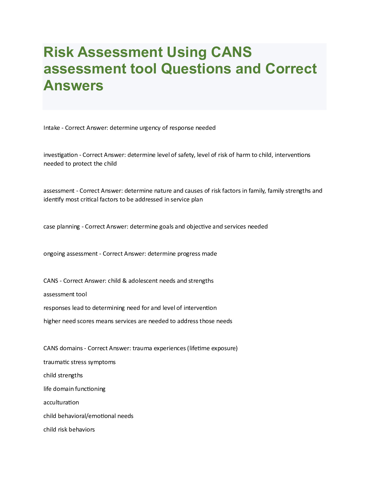 Risk Assessment Using CANS assessment tool Questions and Correct ...