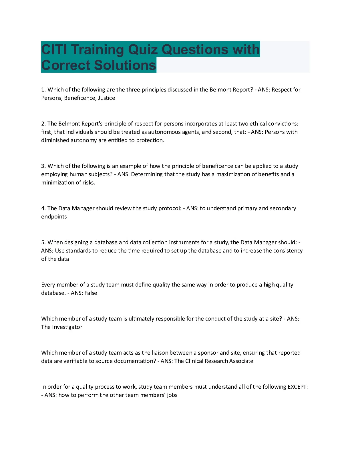 CITI Training Quiz Questions with Correct Solutions - DocMerit