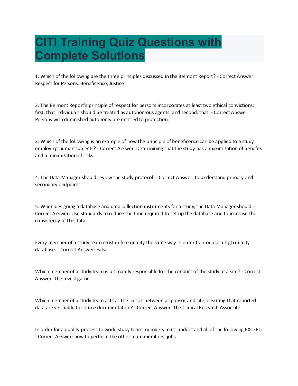 CITI Training Quiz Questions with Complete Solutions - DocMerit