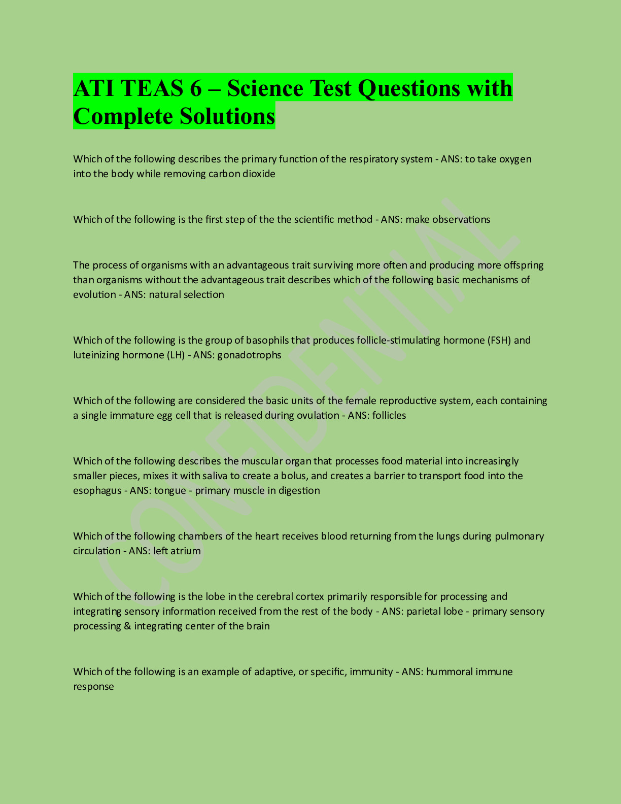 ATI TEAS 6 – Science Test Questions with Complete Solutions. - DocMerit