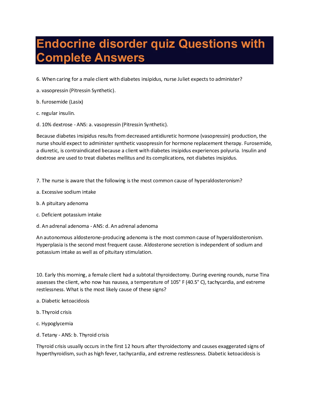 Endocrine disorder quiz Questions with Complete Answers - DocMerit