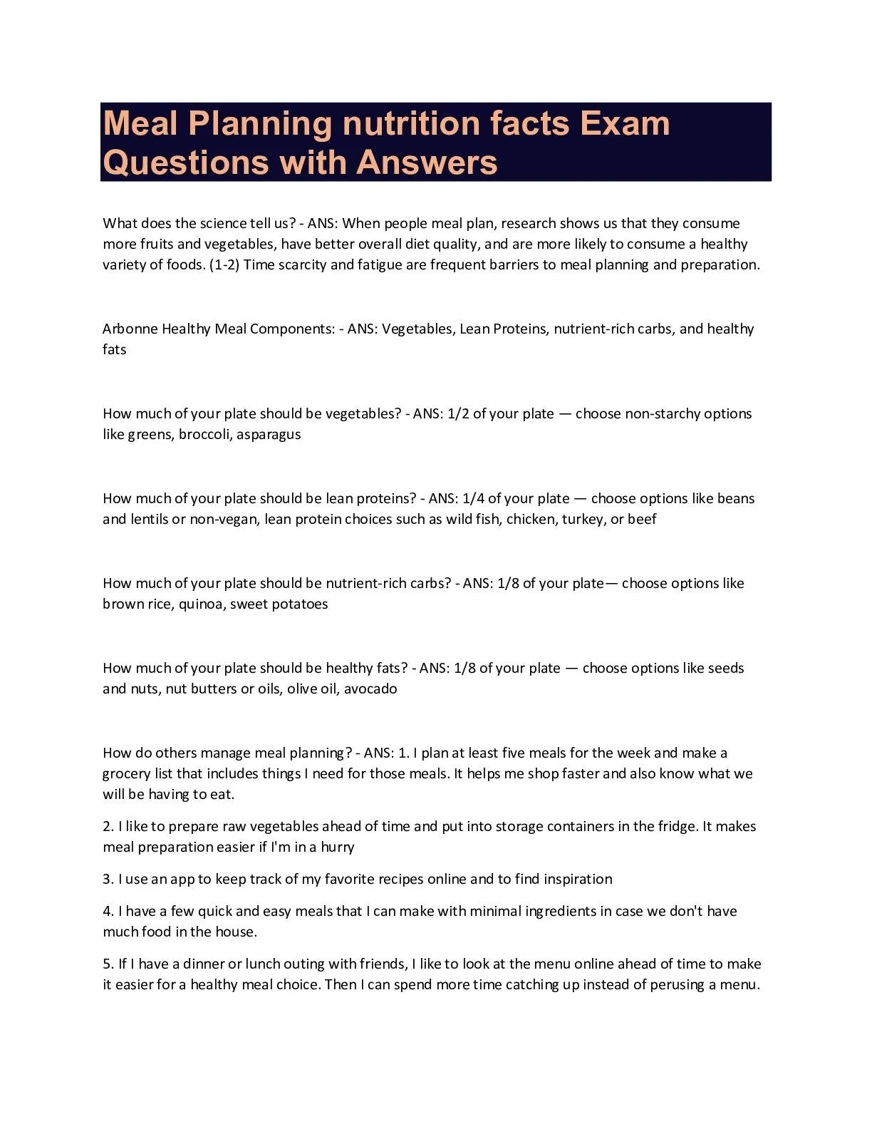 Meal Planning nutrition facts Exam Questions with Answers - DocMerit