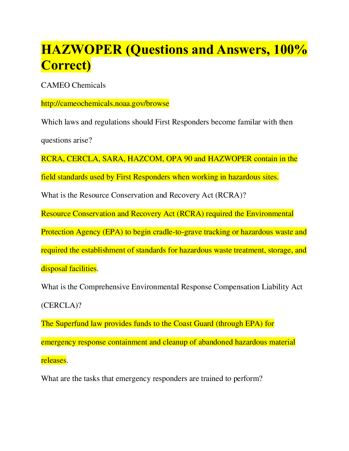 HAZWOPER 40 Lesson 5: Hazardous Chemical Awareness Final Exam ( Updated ...