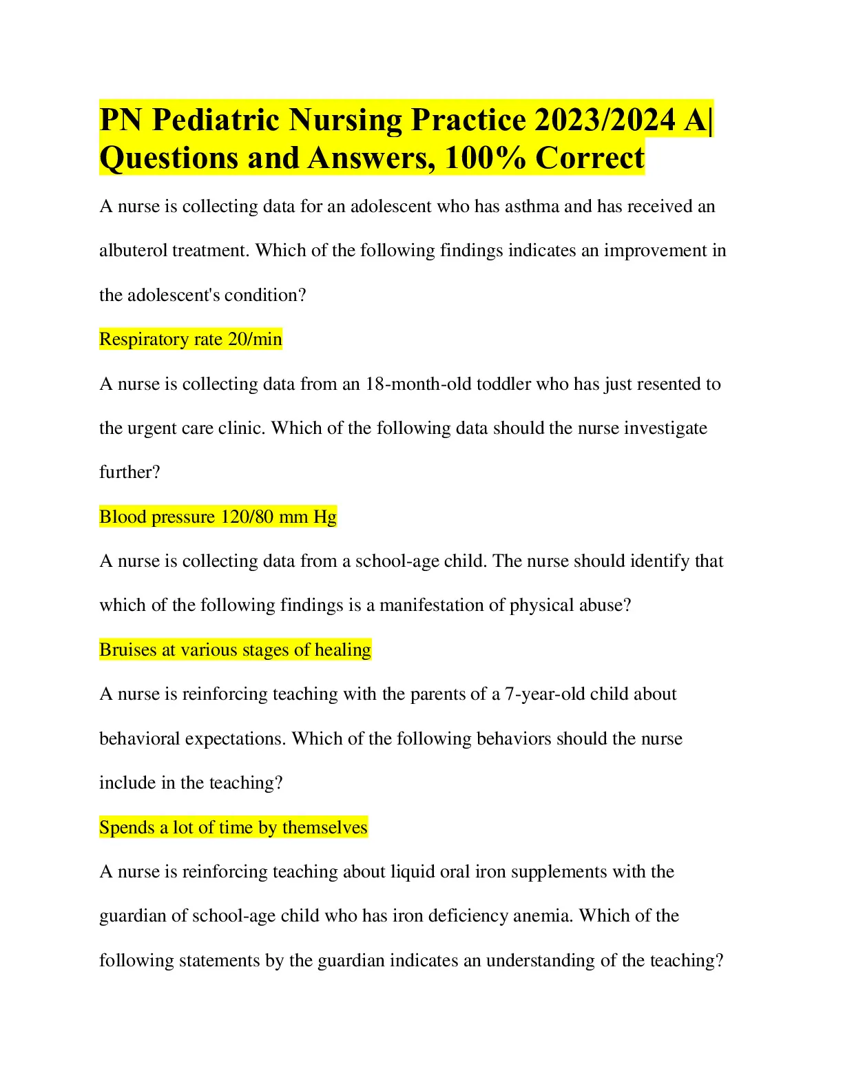 PN Pediatric Nursing Practice 2023/2024 A|Questions and Answers,100% ...